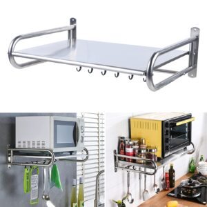 Ghankopd Microwave Oven Rack, Stainless Steel Microwave Oven Shelf Wall-Mounted Kitchen Shelf, Kitchen Shelves Counter with 6 Hooks for Kitchen Countertop Organizer (Silver)