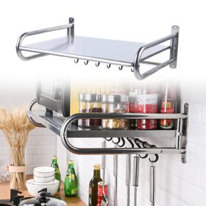 Ghankopd Microwave Oven Rack, Stainless Steel Microwave Oven Shelf Wall-Mounted Kitchen Shelf, Kitchen Shelves Counter with 6 Hooks for Kitchen Countertop Organizer (Silver)