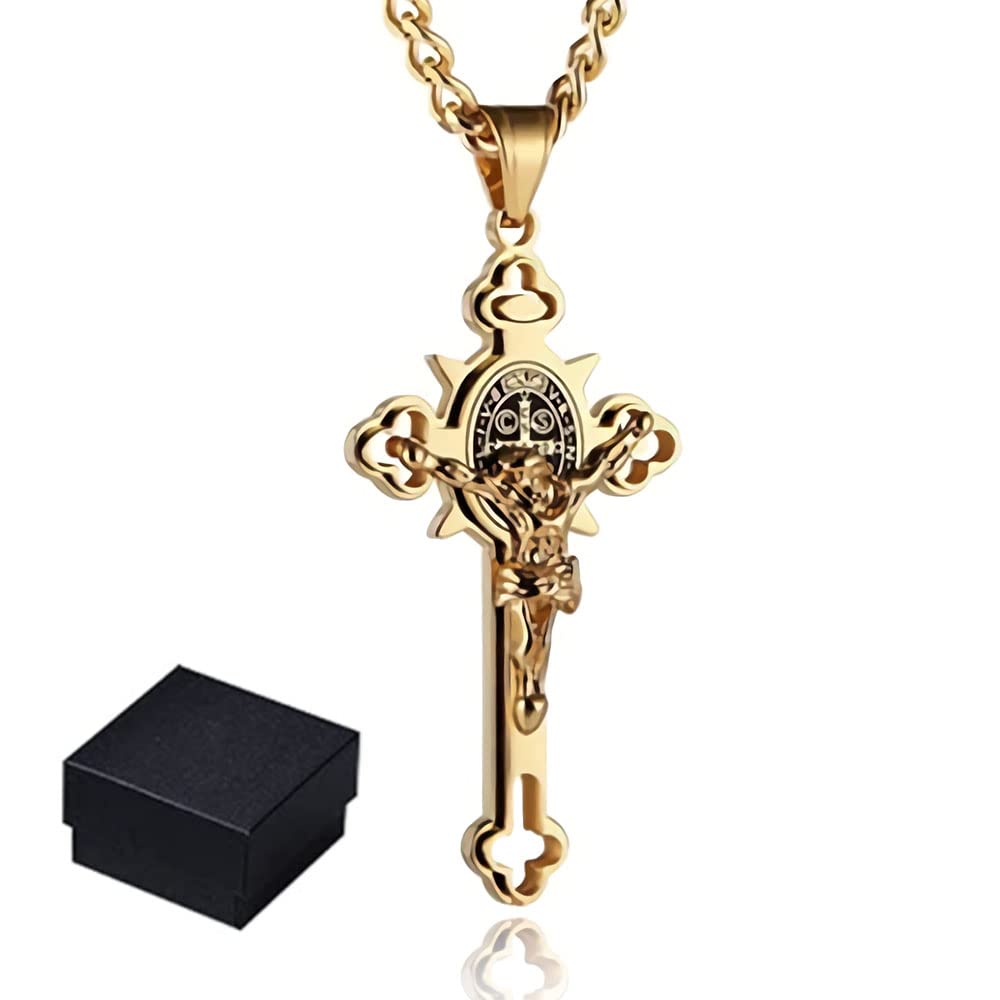 ST.Benedict Protection Cross Power Pendant Necklace, Religion Stainless Steel Saint St Benedic Crucifix Cross Pendants Necklace (Gold)