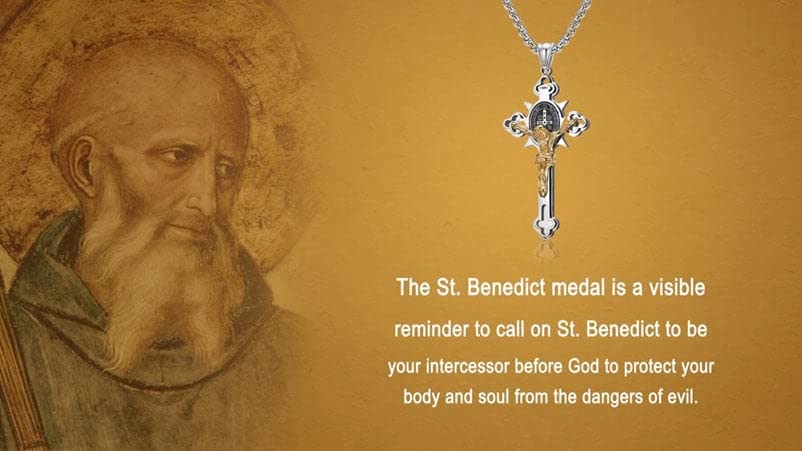 ST.Benedict Protection Cross Power Pendant Necklace, Religion Stainless Steel Saint St Benedic Crucifix Cross Pendants Necklace (Gold)