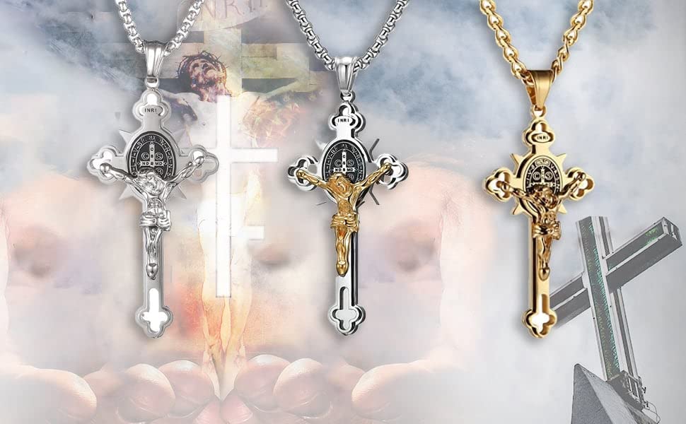 ST.Benedict Protection Cross Power Pendant Necklace, Religion Stainless Steel Saint St Benedic Crucifix Cross Pendants Necklace (Gold)