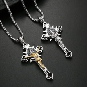 ST.Benedict Protection Cross Power Pendant Necklace, Religion Stainless Steel Saint St Benedic Crucifix Cross Pendants Necklace (Gold)