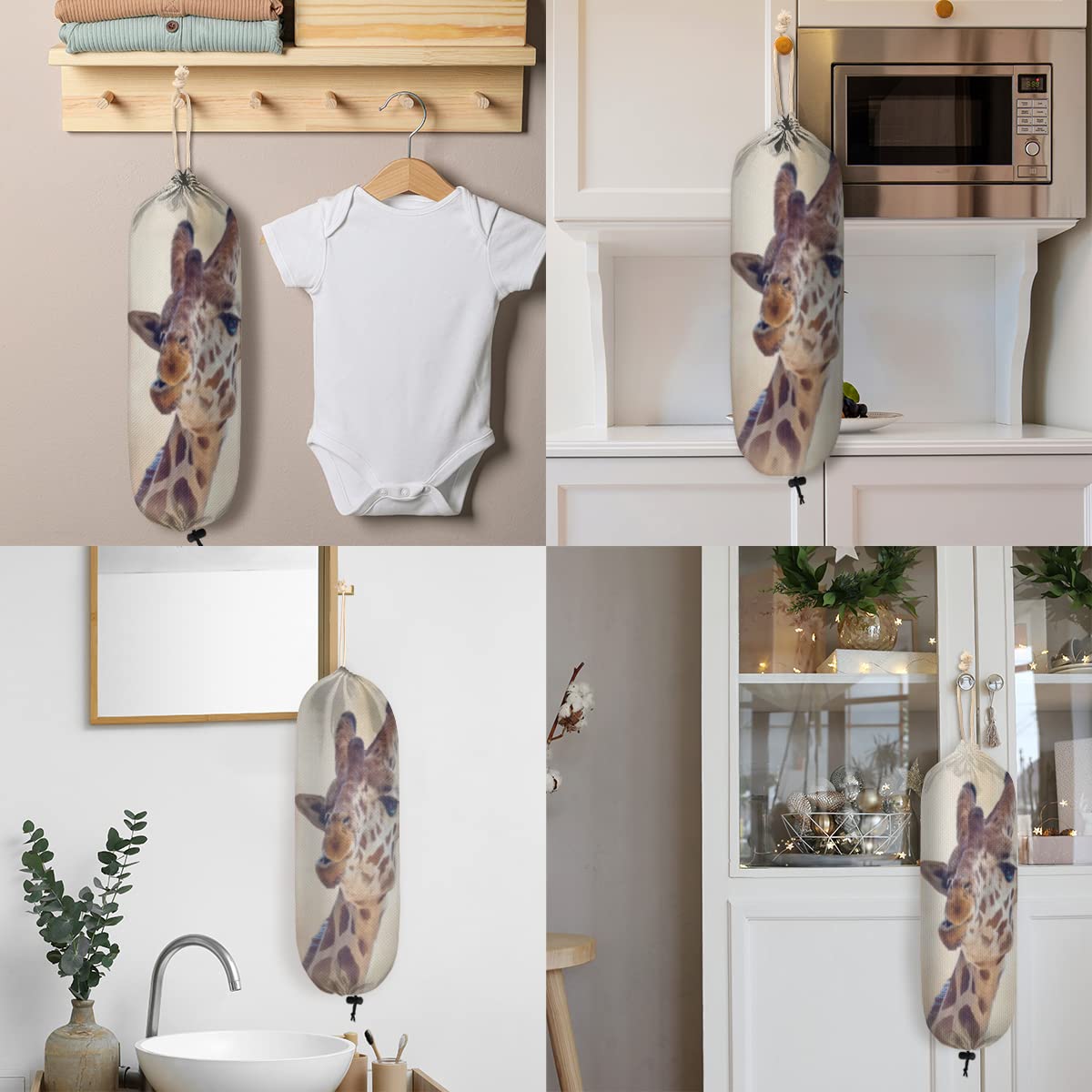 Painting Of Giraffe Grocery Plastic Bag Holder Wall Mount Plastic Bags Organizer Storage Dispenser Animal Giraffe Shopping Trash Bags Carrier for Home Kitchen Decor