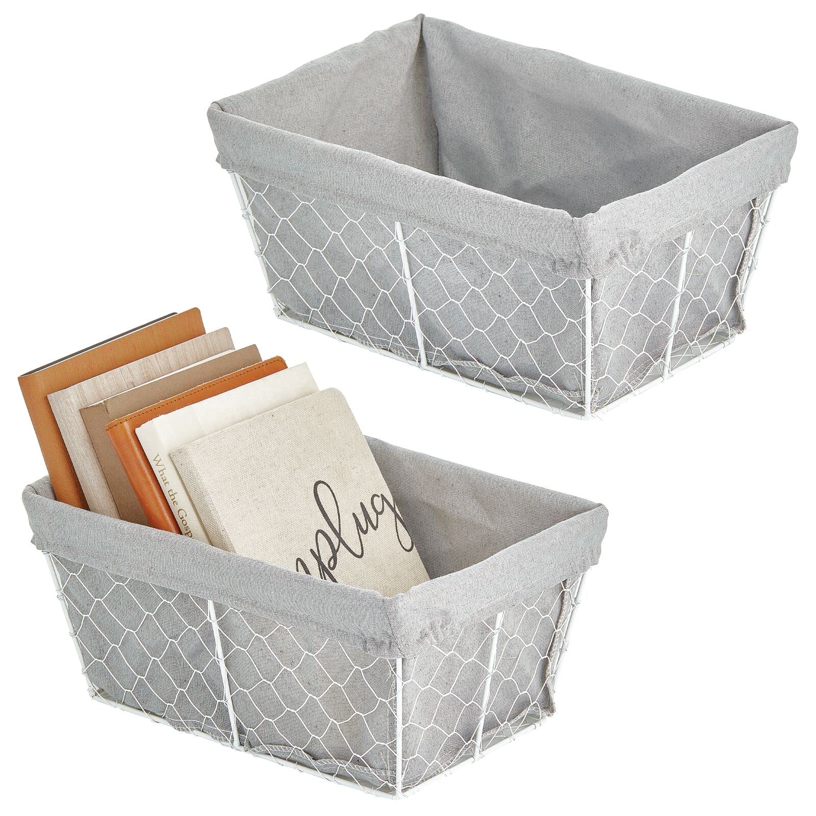 mDesign Medium Metal Farmhouse Home Storage Organizer Basket - Chicken Wire Design, Fabric Liner for Kitchen, Bathroom, Living Room, Pantry, Cupboard, Shelves, Countertop, 2 Pack, White/Gray