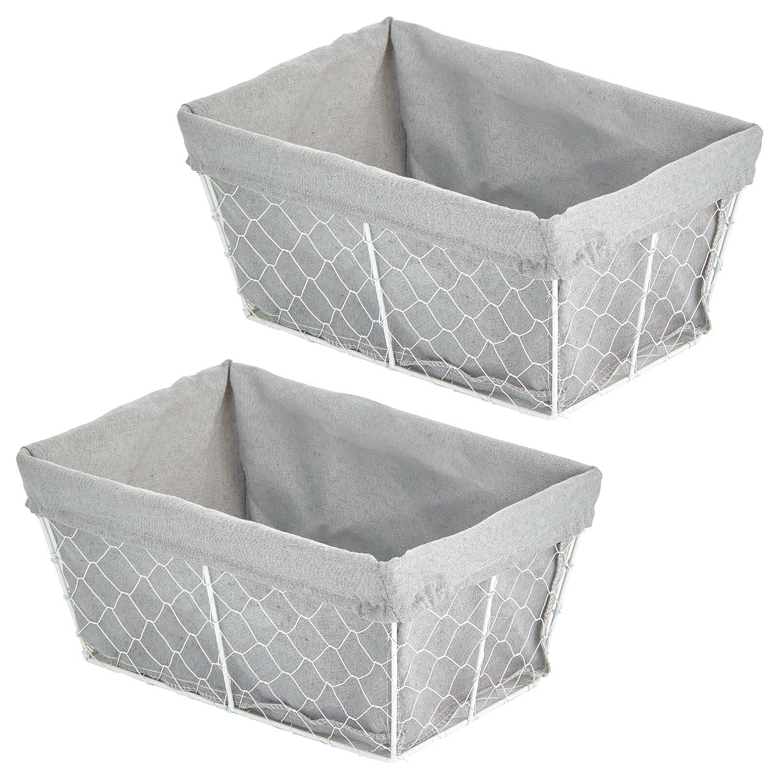 mDesign Medium Metal Farmhouse Home Storage Organizer Basket - Chicken Wire Design, Fabric Liner for Kitchen, Bathroom, Living Room, Pantry, Cupboard, Shelves, Countertop, 2 Pack, White/Gray