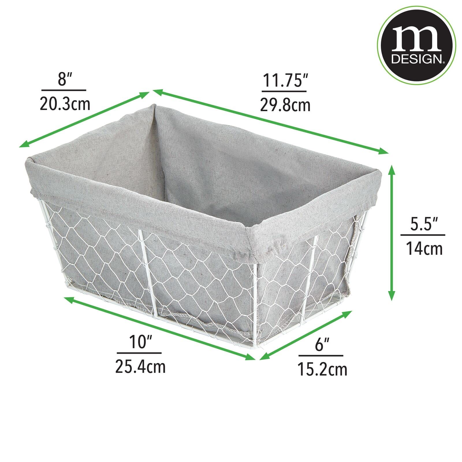 mDesign Medium Metal Farmhouse Home Storage Organizer Basket - Chicken Wire Design, Fabric Liner for Kitchen, Bathroom, Living Room, Pantry, Cupboard, Shelves, Countertop, 2 Pack, White/Gray