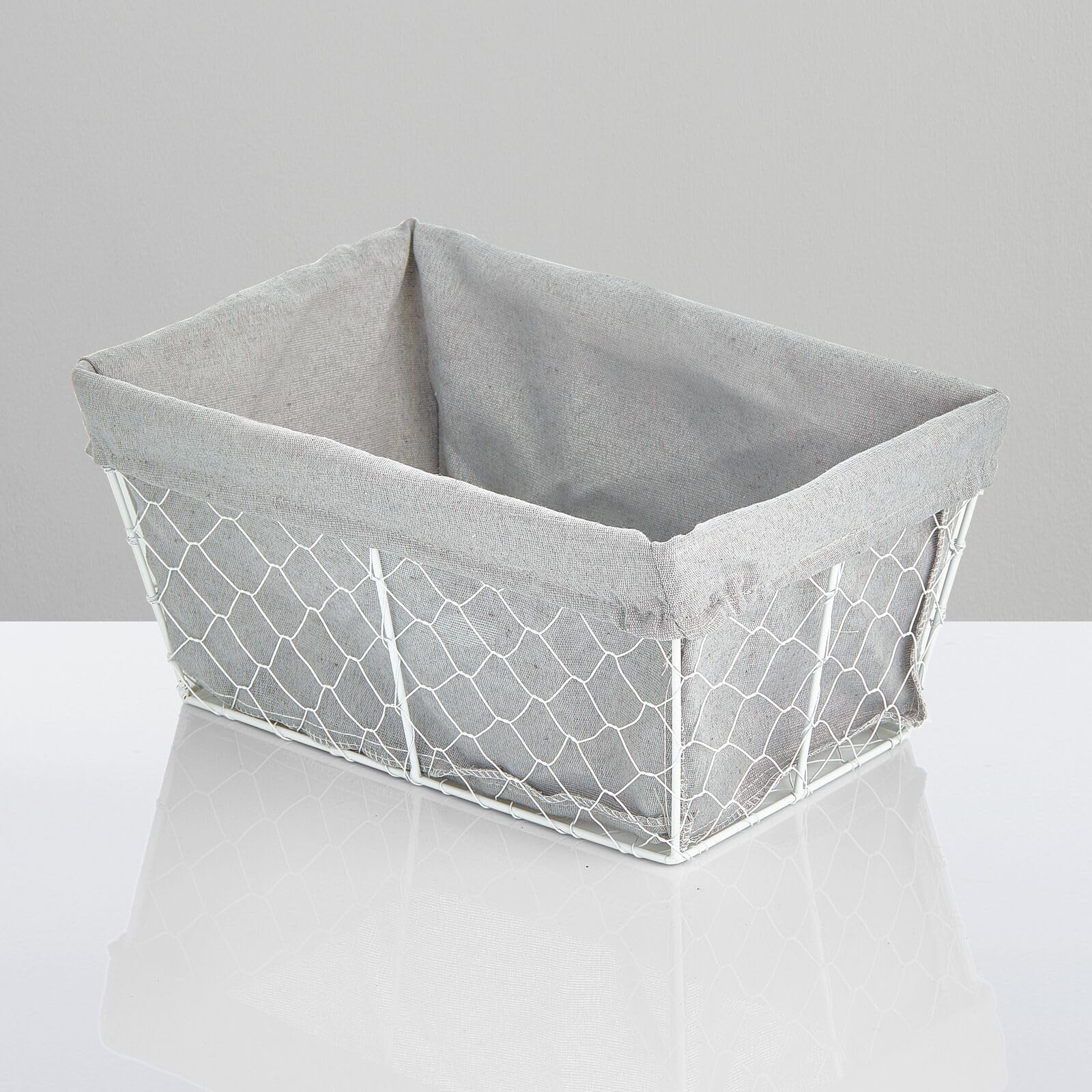 mDesign Medium Metal Farmhouse Home Storage Organizer Basket - Chicken Wire Design, Fabric Liner for Kitchen, Bathroom, Living Room, Pantry, Cupboard, Shelves, Countertop, 2 Pack, White/Gray