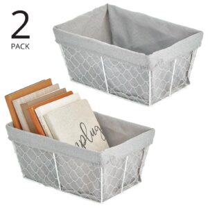 mDesign Medium Metal Farmhouse Home Storage Organizer Basket - Chicken Wire Design, Fabric Liner for Kitchen, Bathroom, Living Room, Pantry, Cupboard, Shelves, Countertop, 2 Pack, White/Gray