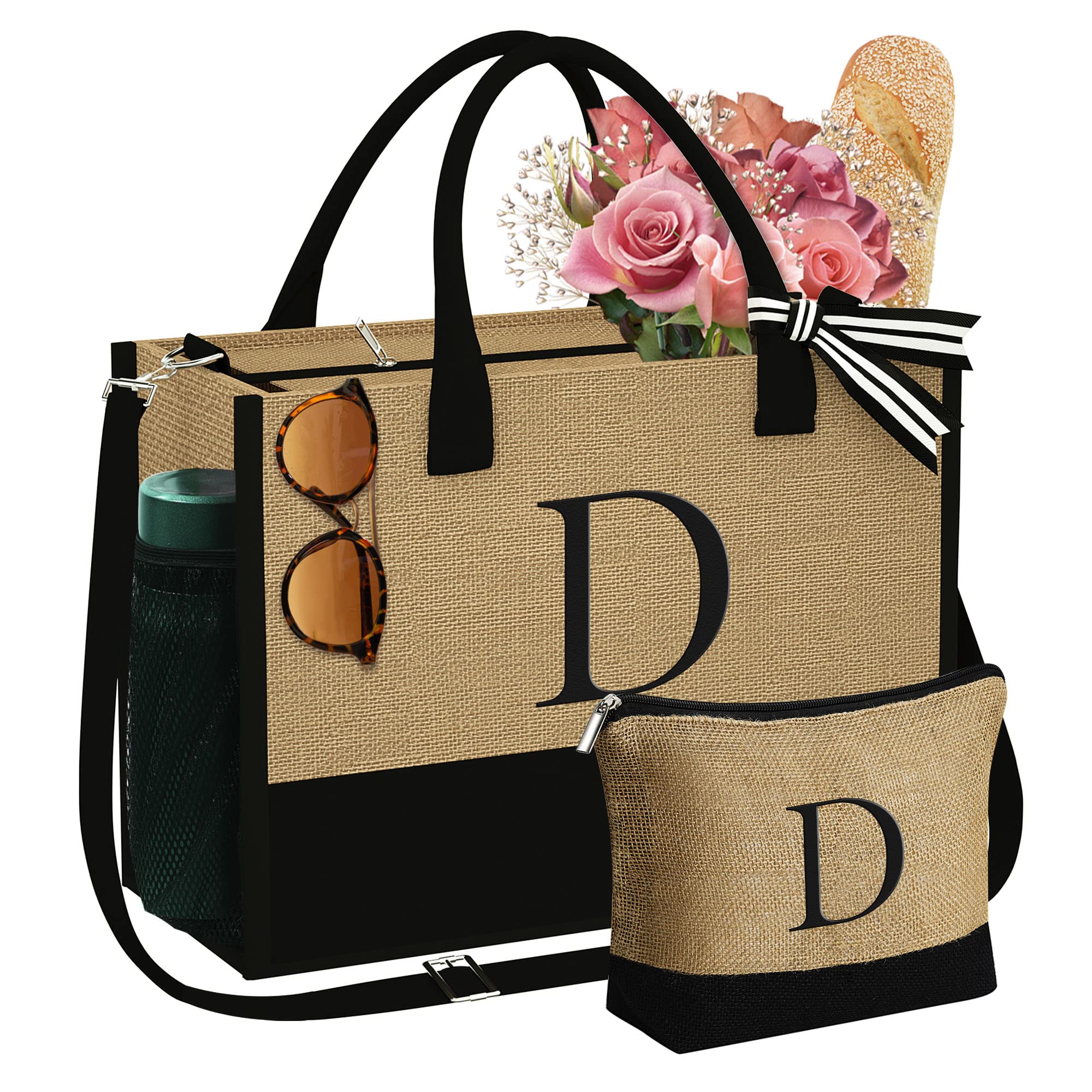 YOOLIFE Initail Tote Bag Gifts for Women - Beach Tote Bag with Zipper Makeup Bag Embroidery Initial D Jute Tote Bag Mothers Day 30th 40th Birthday Gifts for Her Mom Teacher Bridal Shower Weeding Gifts