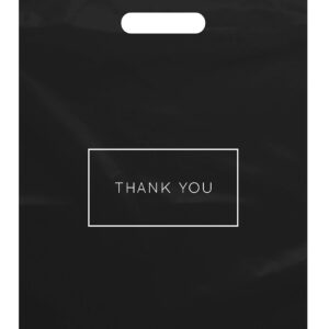 Purple Q Crafts Die Cut Plastic Shopping Bags with Thank You Logo 12" x 15" Boutique Bags with Handles 100 Pack for Merchandise, Gifts, Trade Shows and More