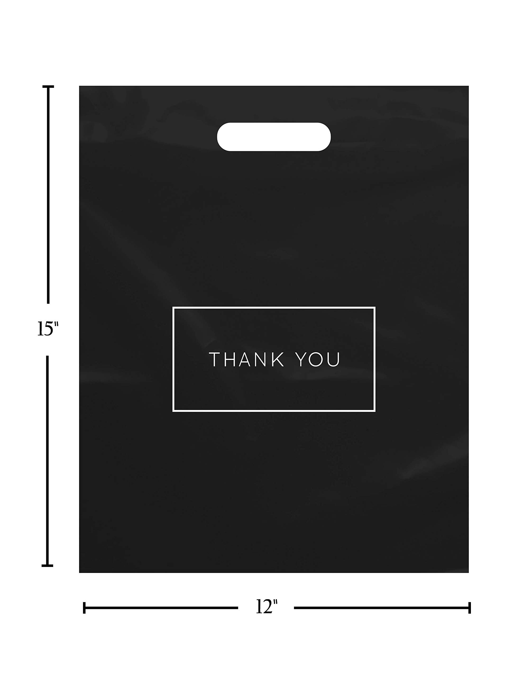 Purple Q Crafts Die Cut Plastic Shopping Bags with Thank You Logo 12" x 15" Boutique Bags with Handles 100 Pack for Merchandise, Gifts, Trade Shows and More