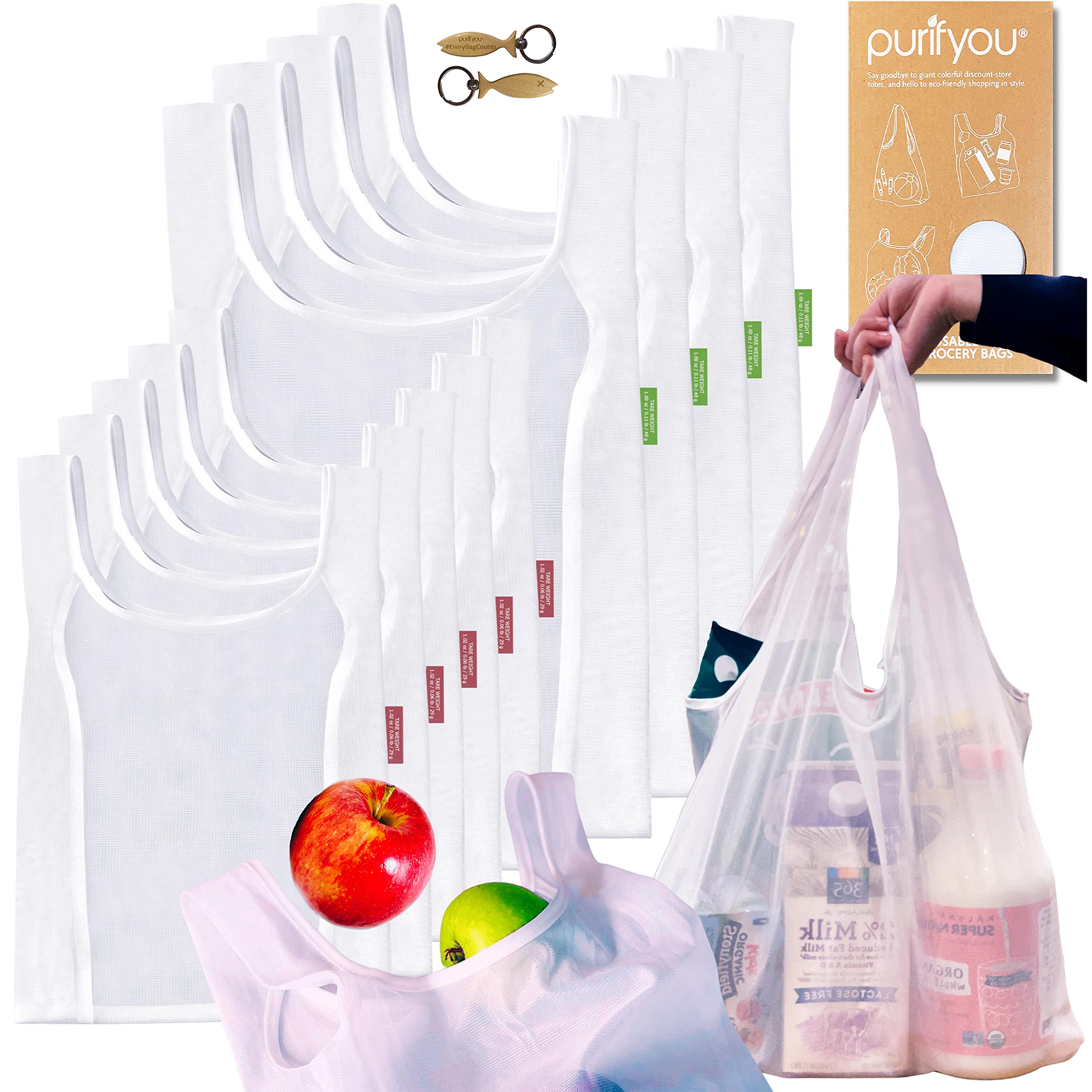 purifyou DUAL Purpose Reusable Produce and Grocery Bags, Set of 9 SEE THROUGH Mesh with Handles & Washable Produce Mesh Set of 9 Grocery with Drawstring, Large Foldable Shopping Bags Premium Bundle