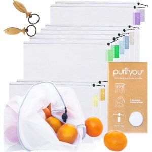 purifyou DUAL Purpose Reusable Produce and Grocery Bags, Set of 9 SEE THROUGH Mesh with Handles & Washable Produce Mesh Set of 9 Grocery with Drawstring, Large Foldable Shopping Bags Premium Bundle