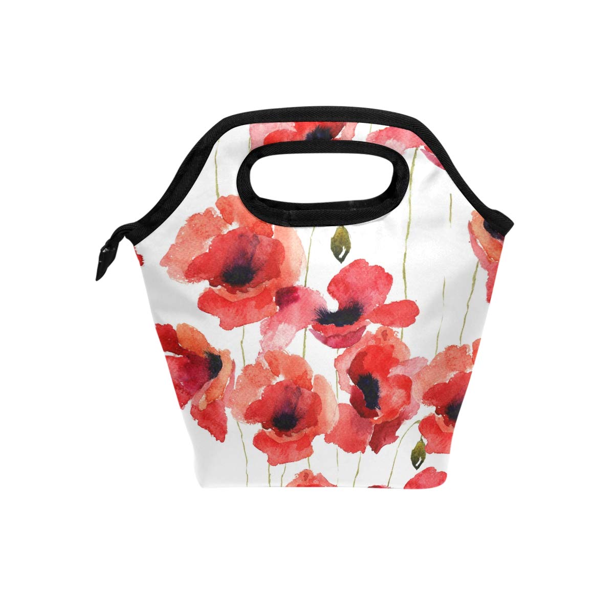 Naanle Floral Flower Insulated Zipper Lunch Bag Cooler Tote Bag for Adult Teens Kids Girls Boys Men Women, Poppy Lunch Boxes Lunchboxes Meal Prep Handbag for Outdoors School Office