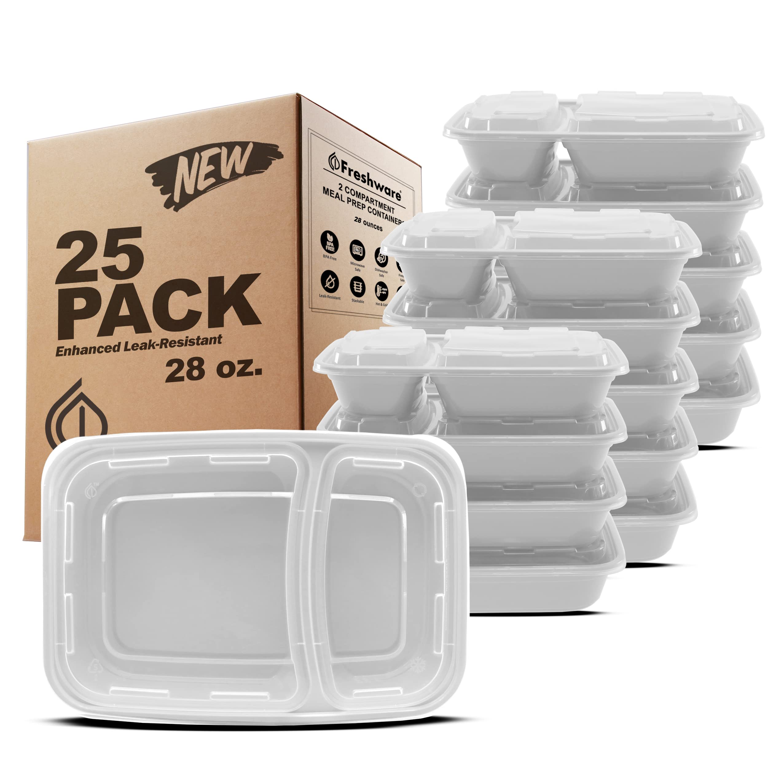 Freshware Meal Prep Containers 3 Compartment with Lids, Food Storage Containers, Bento Box, Stackable & Meal Prep Containers 2 Compartment with Lids, Food Storage Containers, Grey