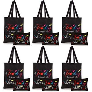 kacctyen 12 pcs teacher graduation appreciation gifts 6 teacher canvas totes bag 6 makeup pouch cosmetic bags teacher gifts (teaching is a work of heart)