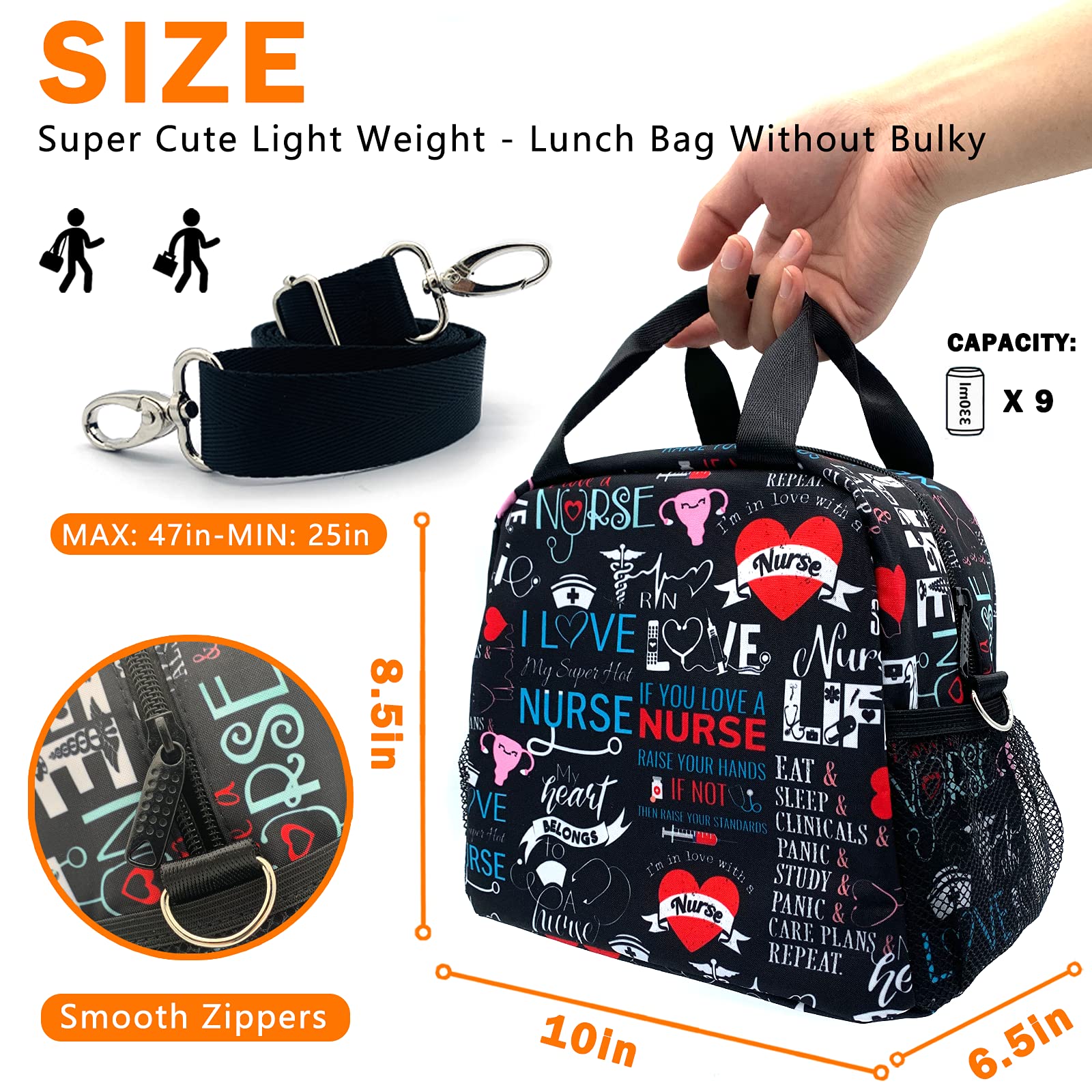 Nurse Lunch Bag Insulated Lunch Box Small Lunch Tote Bags with Water ​Bottle Holder, Adjustable & Removable Shoulder Strap Lunch Box for Women Men