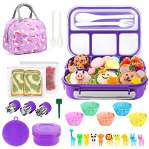 xianke 27pcs bento box lunch box kit purple, 1300ml lunch container for kids/adults, durable leak-proof box 4 compartments with spoon fork bag accessories, microwave dishwasher freezer safe,bpa-free