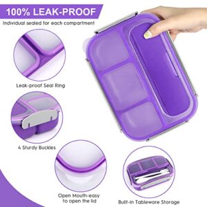 XIANKE 27Pcs Bento Box Lunch Box Kit Purple, 1300ML Lunch Container for Kids/Adults, Durable Leak-proof Box 4 Compartments with Spoon Fork Bag Accessories, Microwave Dishwasher Freezer Safe,BPA-Free