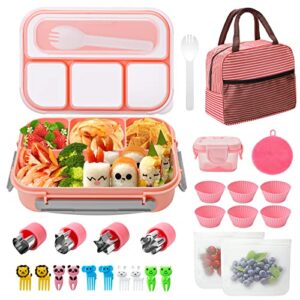 scireath 1300ml bento box lunch box kit, japanese bento box set 4 compartments w/lunch bag sauce can, cake cups, fruit picks, snack bags...leakproof lunch container lunch bag for kids adults (pink)