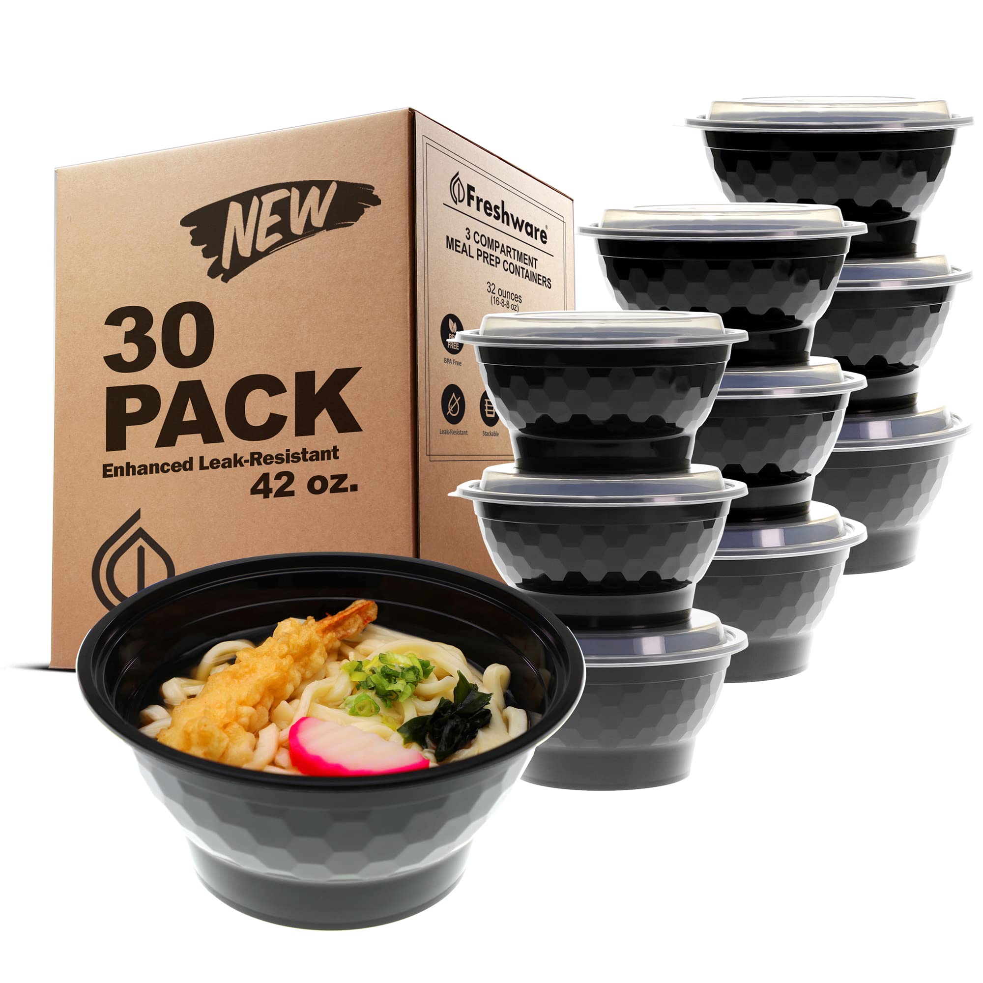 Freshware Meal Prep Bowl Containers [30 Pack] Plastic Bowls with Lids for Soup and Salad, Food Storage Bento Box, BPA Free, Stackable, Lunch Boxes, Microwave/Dishwasher/Freezer Safe (42 oz)