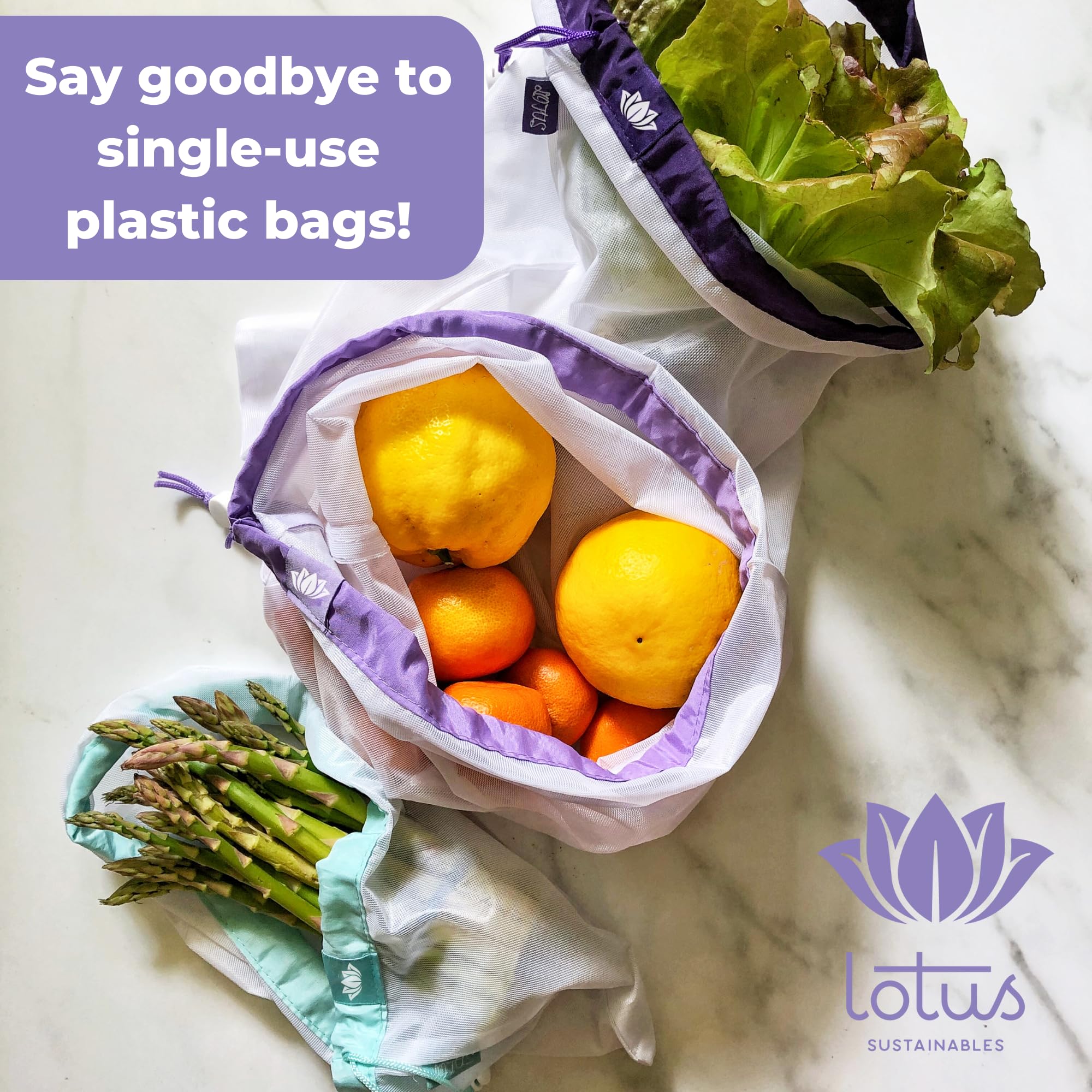 Lotus Trolley Bag Reusable Grocery Cart Bags (Earth Tones) Set of 4 and Reusable Netted Produce Mesh Bags Set of 9