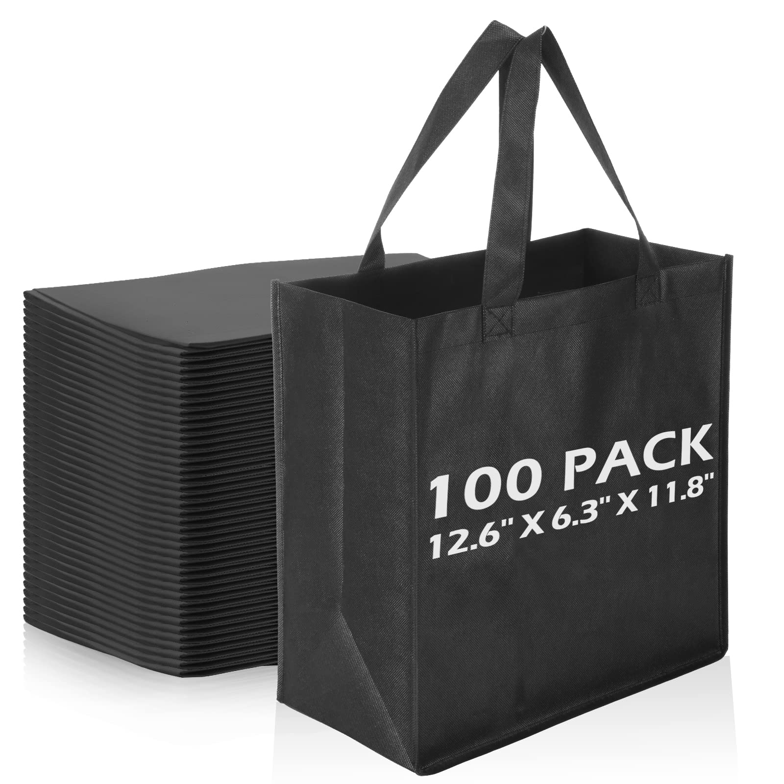 100 Pieces Reusable Totes Bag Set Non Woven Grocery Bag with Handles Fabric Portable Tote Bag Bulk for Shopping Merchandise Events Parties Boutiques Retail Stores (Black)