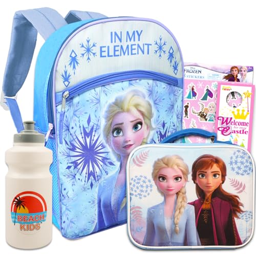 Disney Frozen Backpack and Lunch Bag Set - Disney School Supplies Bundle with Elsa Backpack and Insulated Lunch Box Plus Water Bottle, Stickers, and More (Frozen Backpack for Kids)