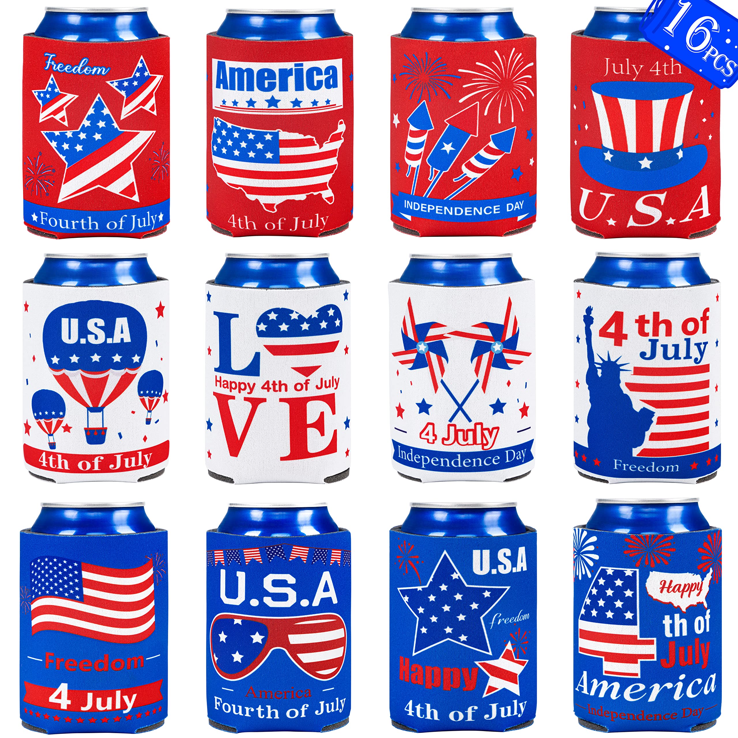 16PCS 4th/Fourth of July Decorations Can Cooler Sleeves for Independence Day Memorial Day Patriotic Party Supplies