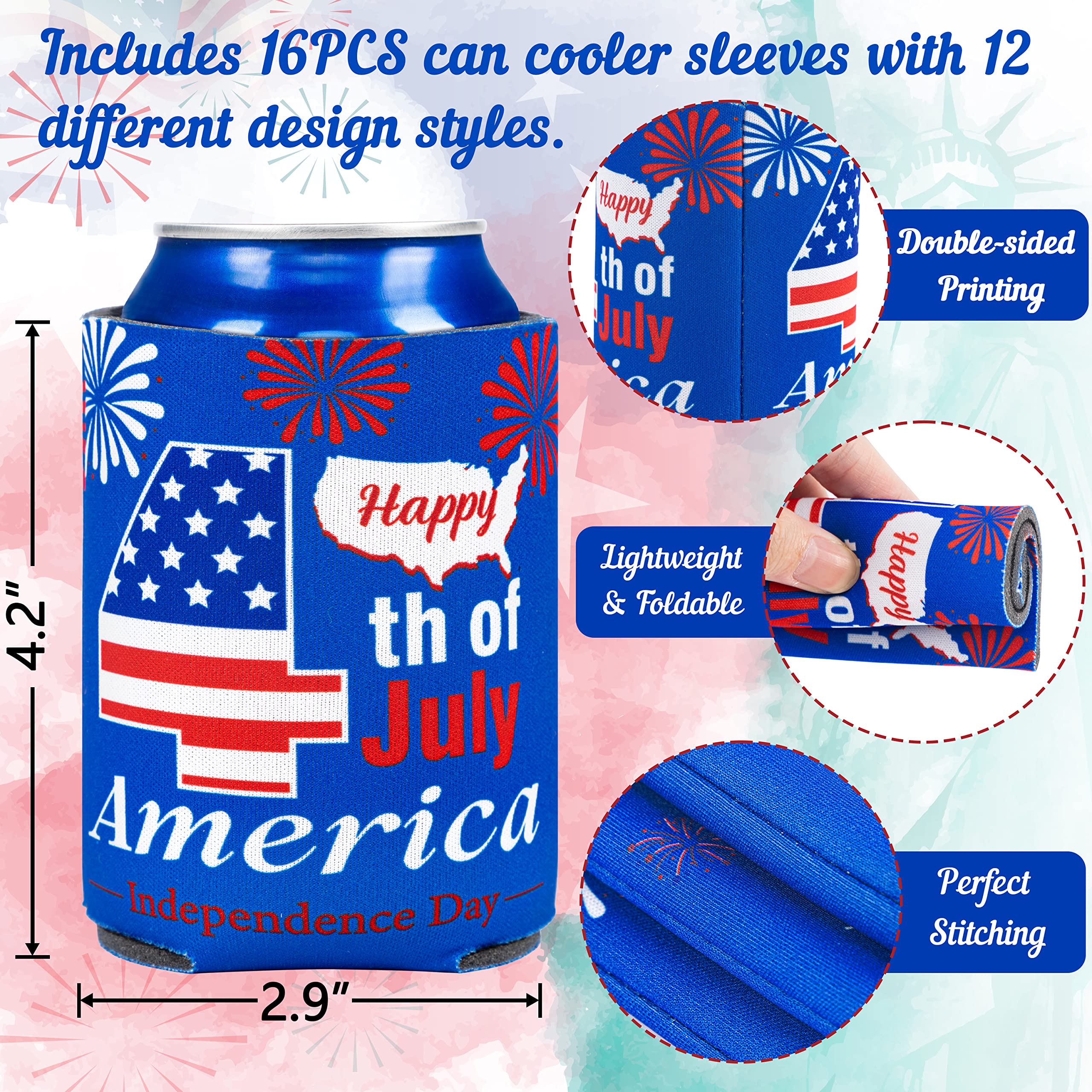 16PCS 4th/Fourth of July Decorations Can Cooler Sleeves for Independence Day Memorial Day Patriotic Party Supplies