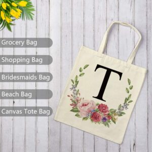 Personalized Floral Initial Tote Bags for women Canvas Tote Bags Reusable Grocery Shopping Bags for Bridesmaids Wedding Bachelorette Birthday Party Large Book Tote Gift Bags Eco - Friendly (Letter L)