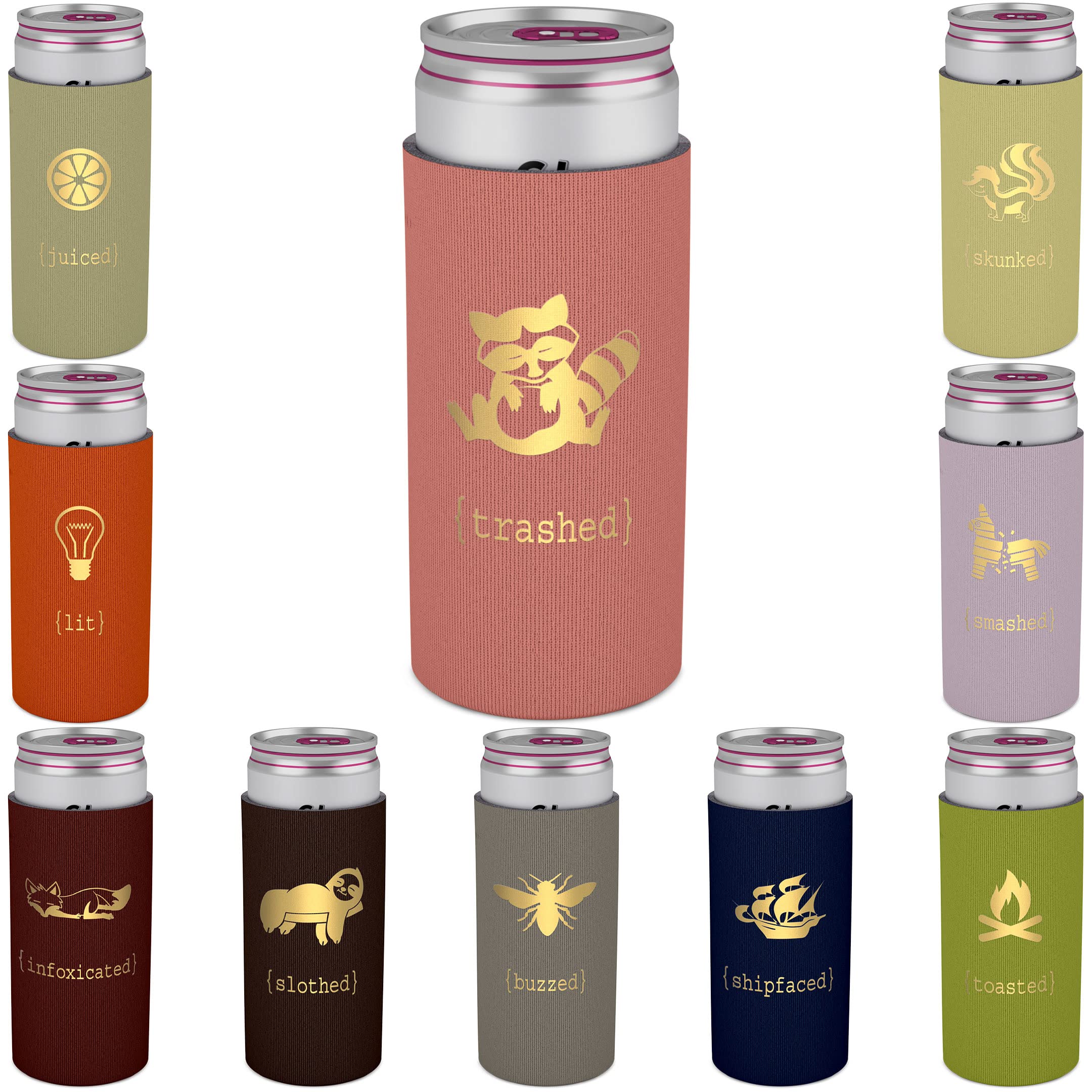 Retro Colored Slim Can Coolers (Set of 10) - Funny Gold Drinking Designs - Girls Trip Gifts Favors - Bachelorette Party - Adult Party Favors