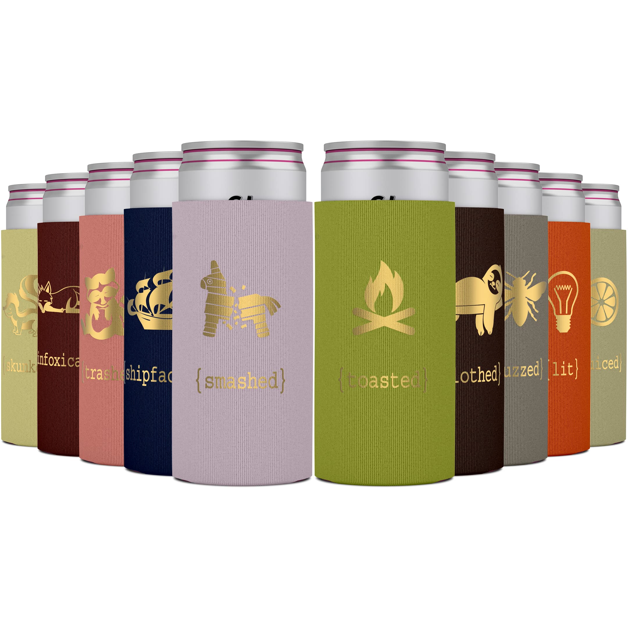 Retro Colored Slim Can Coolers (Set of 10) - Funny Gold Drinking Designs - Girls Trip Gifts Favors - Bachelorette Party - Adult Party Favors