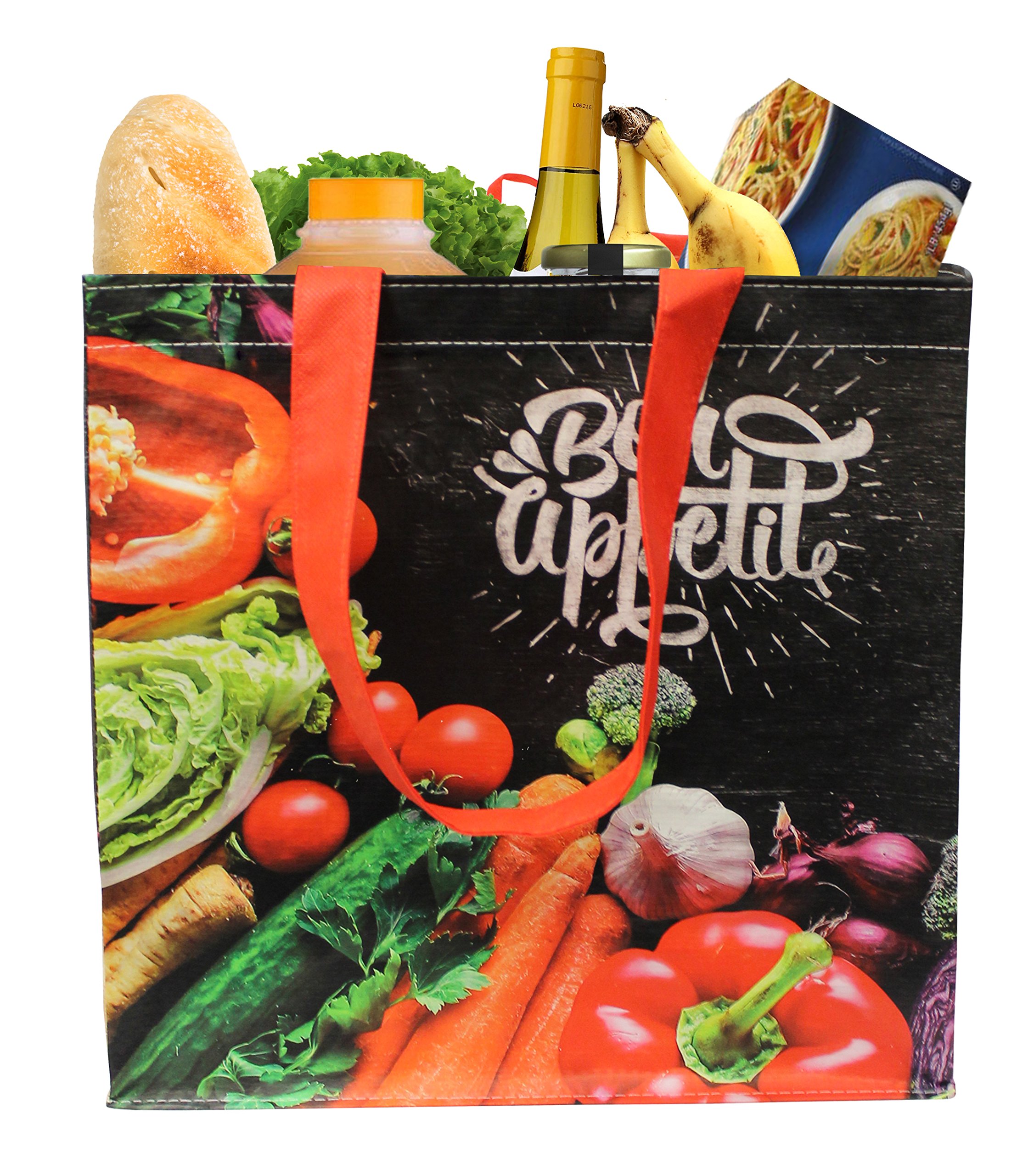 Earthwise Reusable Grocery Shopping Bags Extremely Durable Multi Use Large Stylish Fun Foldable Water-Resistant Totes Design - Chalkboard Veggies (Pack of 5)