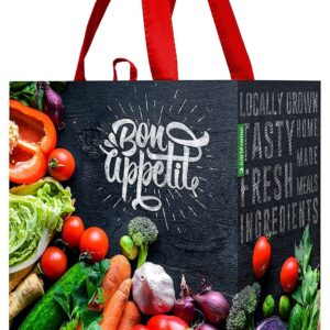 Earthwise Reusable Grocery Shopping Bags Extremely Durable Multi Use Large Stylish Fun Foldable Water-Resistant Totes Design - Chalkboard Veggies (Pack of 5)