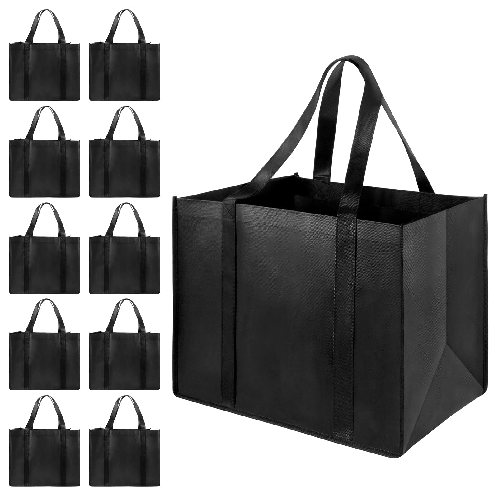 LadyRosian 10 Pack Heavy Duty Kitchen Reusable Grocery Bags, Durable XL Shopping Tote with Handle Can Hold 45+lbs, Stands Upright, Foldable & Washable (Black)