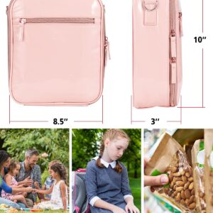 Waterproof Lunch Box for Girls Cute Kids Lunchbox Shiny Pink Lunch Bags with Shoulder Strap and Pocket for Teen Girls Insulated Lunch Cooler Bag for School Outdoor Travel