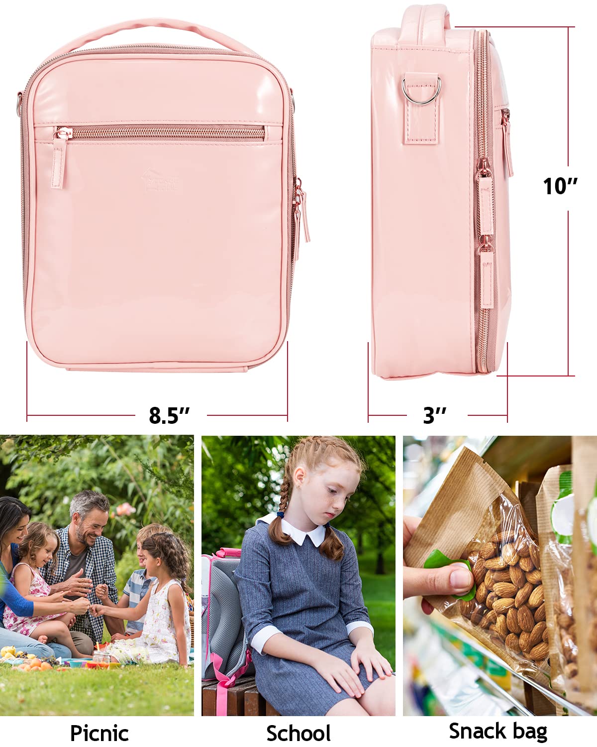 Waterproof Lunch Box for Girls Cute Kids Lunchbox Shiny Pink Lunch Bags with Shoulder Strap and Pocket for Teen Girls Insulated Lunch Cooler Bag for School Outdoor Travel