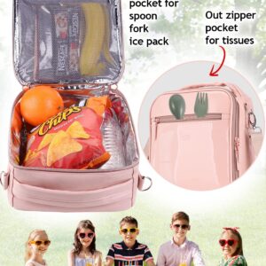 Waterproof Lunch Box for Girls Cute Kids Lunchbox Shiny Pink Lunch Bags with Shoulder Strap and Pocket for Teen Girls Insulated Lunch Cooler Bag for School Outdoor Travel