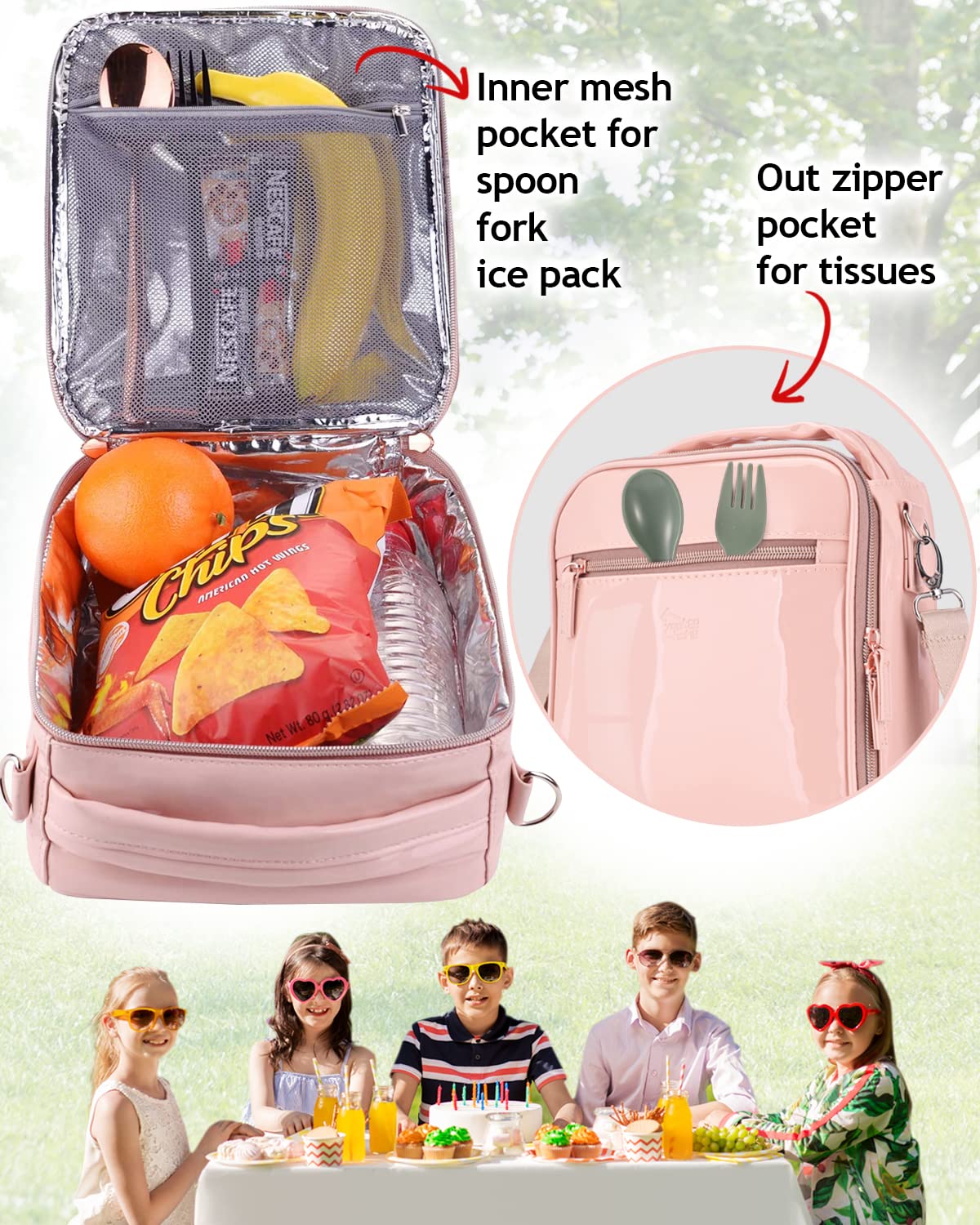 Waterproof Lunch Box for Girls Cute Kids Lunchbox Shiny Pink Lunch Bags with Shoulder Strap and Pocket for Teen Girls Insulated Lunch Cooler Bag for School Outdoor Travel