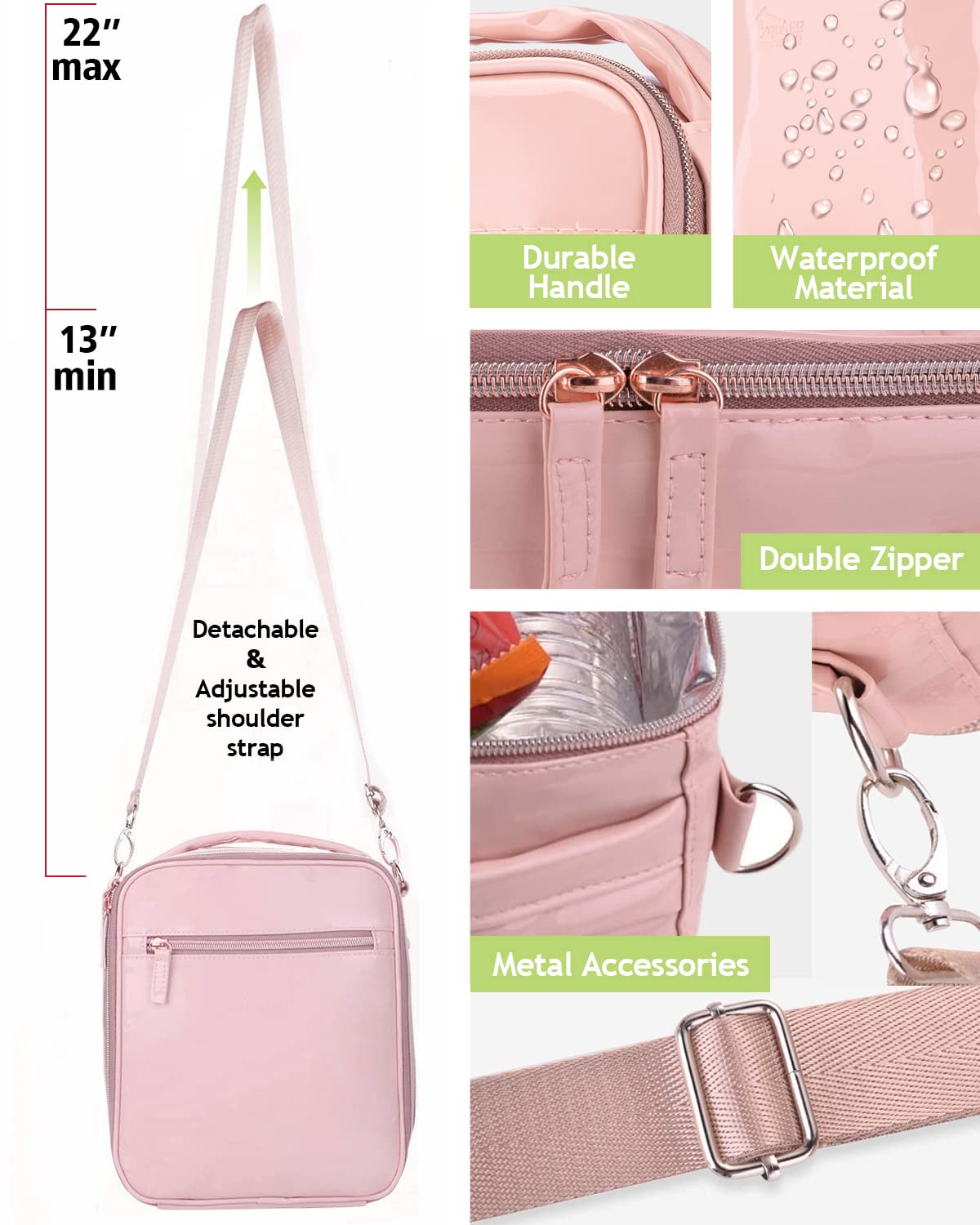 Waterproof Lunch Box for Girls Cute Kids Lunchbox Shiny Pink Lunch Bags with Shoulder Strap and Pocket for Teen Girls Insulated Lunch Cooler Bag for School Outdoor Travel