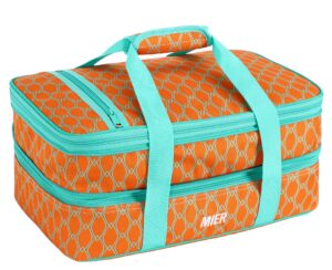 mier insulated double casserole carrier thermal lunch tote for potluck parties, picnic, beach, fits 9 x 13 inches casserole dish, expandable by mid zipper, orange