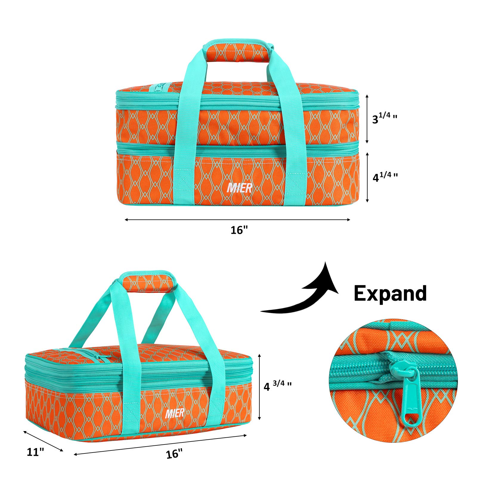 MIER Insulated Double Casserole Carrier Thermal Lunch Tote for Potluck Parties, Picnic, Beach, Fits 9 x 13 Inches Casserole Dish, Expandable by Mid Zipper, Orange