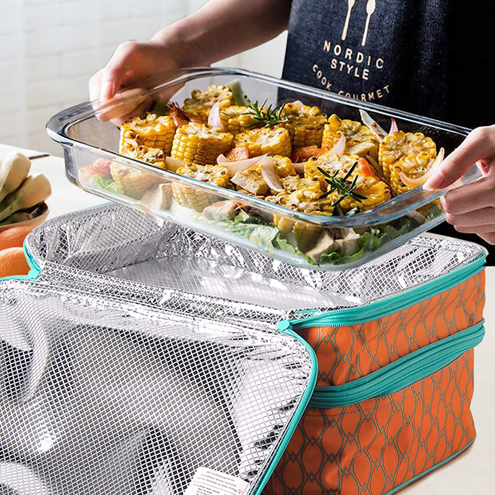 MIER Insulated Double Casserole Carrier Thermal Lunch Tote for Potluck Parties, Picnic, Beach, Fits 9 x 13 Inches Casserole Dish, Expandable by Mid Zipper, Orange