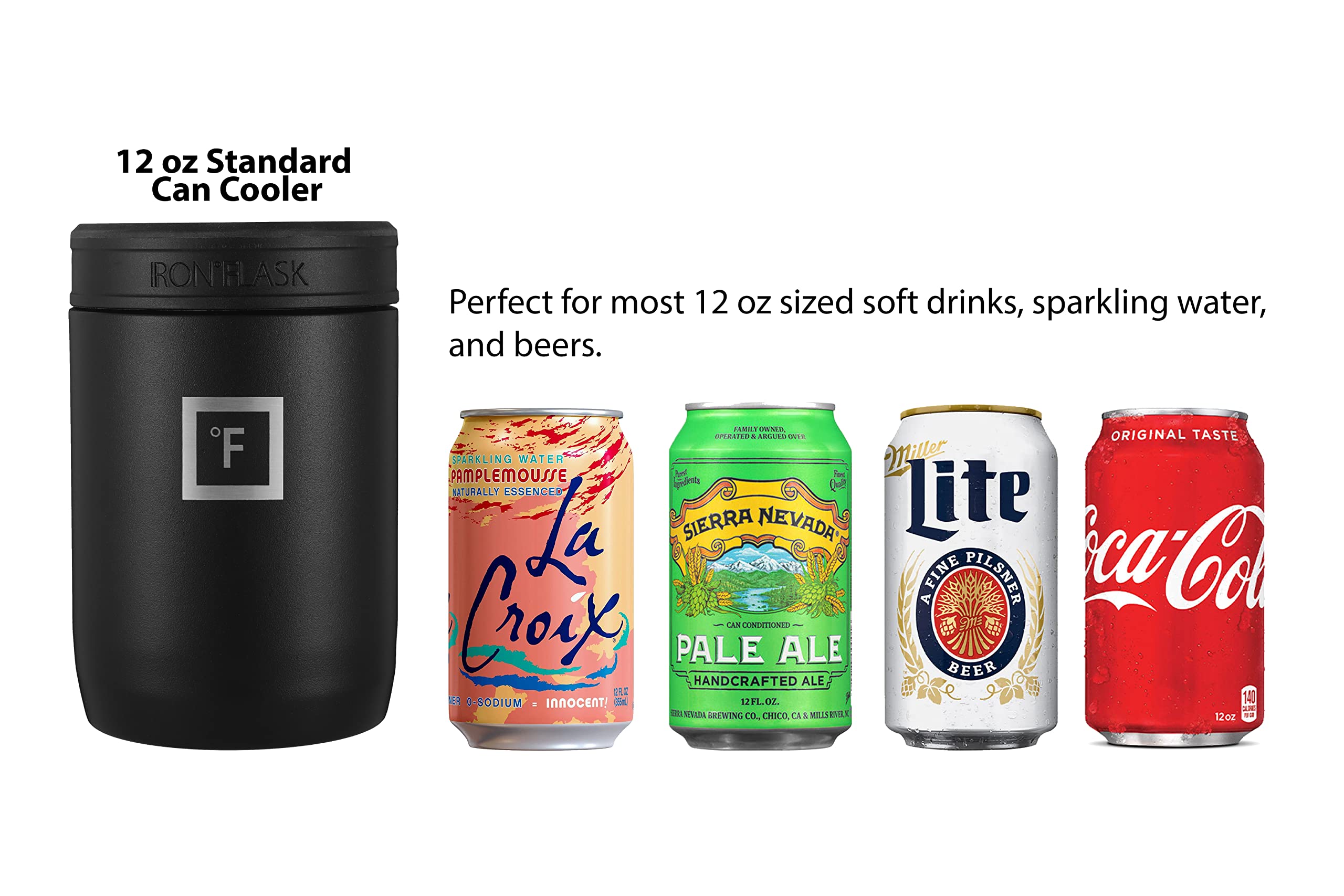 IRON °FLASK Standard Can Cooler 12oz for Beer, Soda, Sparkling Water, Drinks, Insulated Stainless Steel Holder for Regular Cans - Black