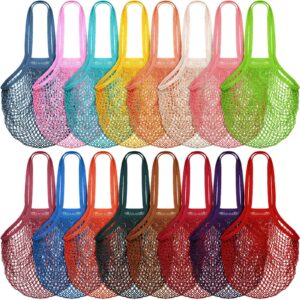 16 packs reusable mesh grocery bags washable fruit and vegetable produce bag cotton mesh market bag long handle shopping bag large storage netted tote bag organizer shopping handbag, 16 colors