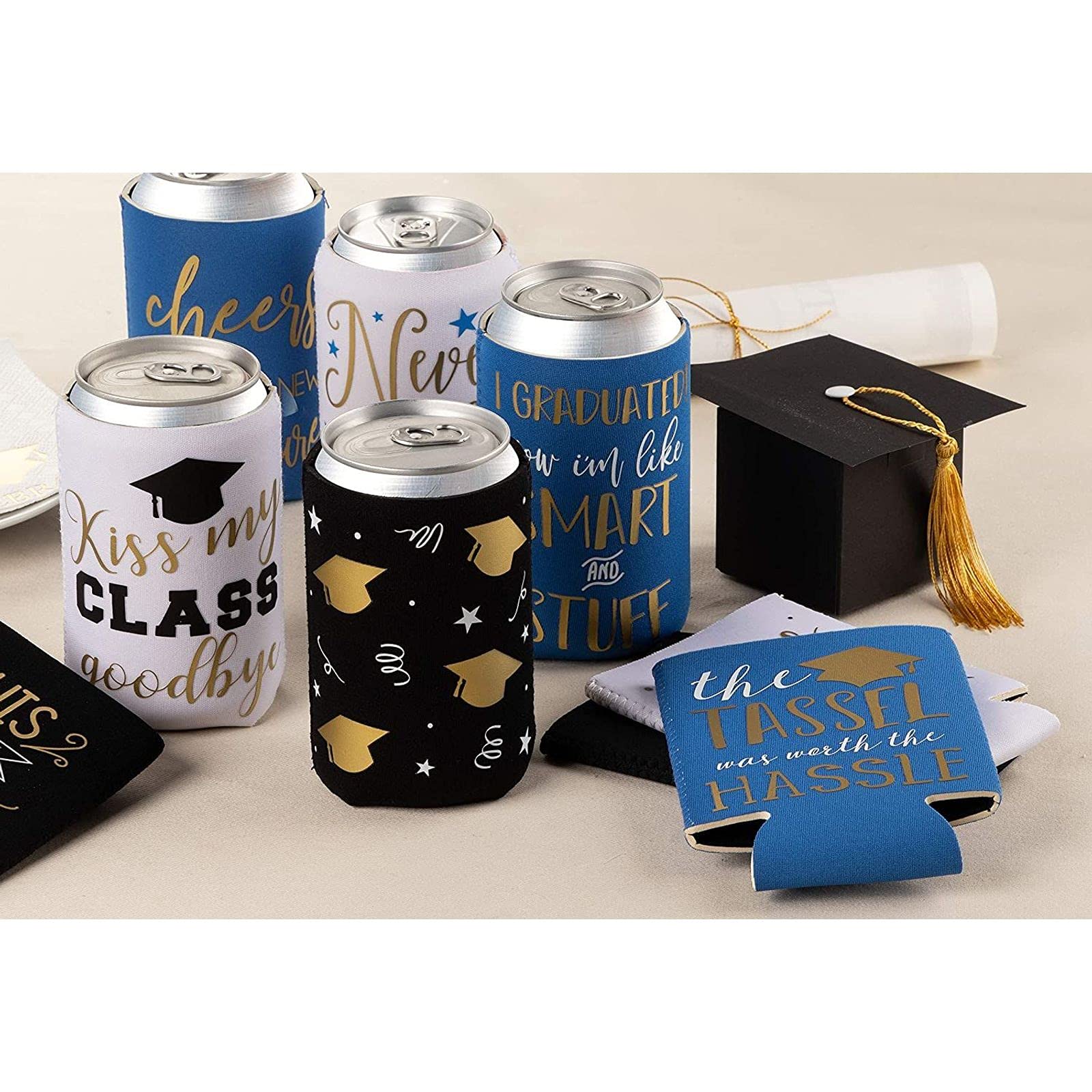 12 oz Graduation Neoprene Can Cooler Sleeves for Soda, Beer, Beverages (12 Pack)