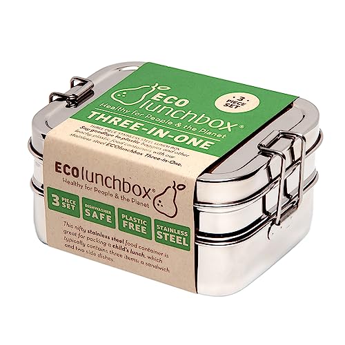 Ecolunchbox Three-in-One Stainless Steel Two Level Steel Bento Box With Snack Container Regular - Holds 4 Cups of Food - Not Leak-Proof (1)