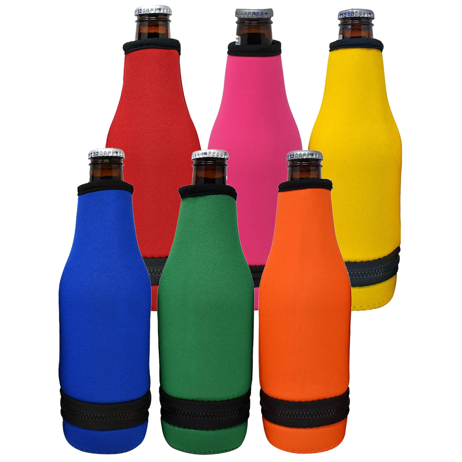 TahoeBay Beer Bottle Sleeves - Easy Zipper Bottom - Neoprene Insulated Cooler Covers Fit Standard 12oz Long Neck Bottles Enclosed Bottom (Multicolor, 12-Pack)