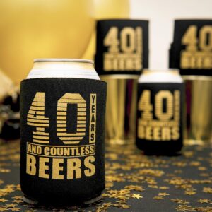 Happy 40th Birthday Insulated Can Cover 12 Pack - Birthday Favors for Men and Women - Printed on Both Sides Fits All Cans and Bottles - Thermocooler Beverage Sleeve - Black & Gold (Original, Regular)